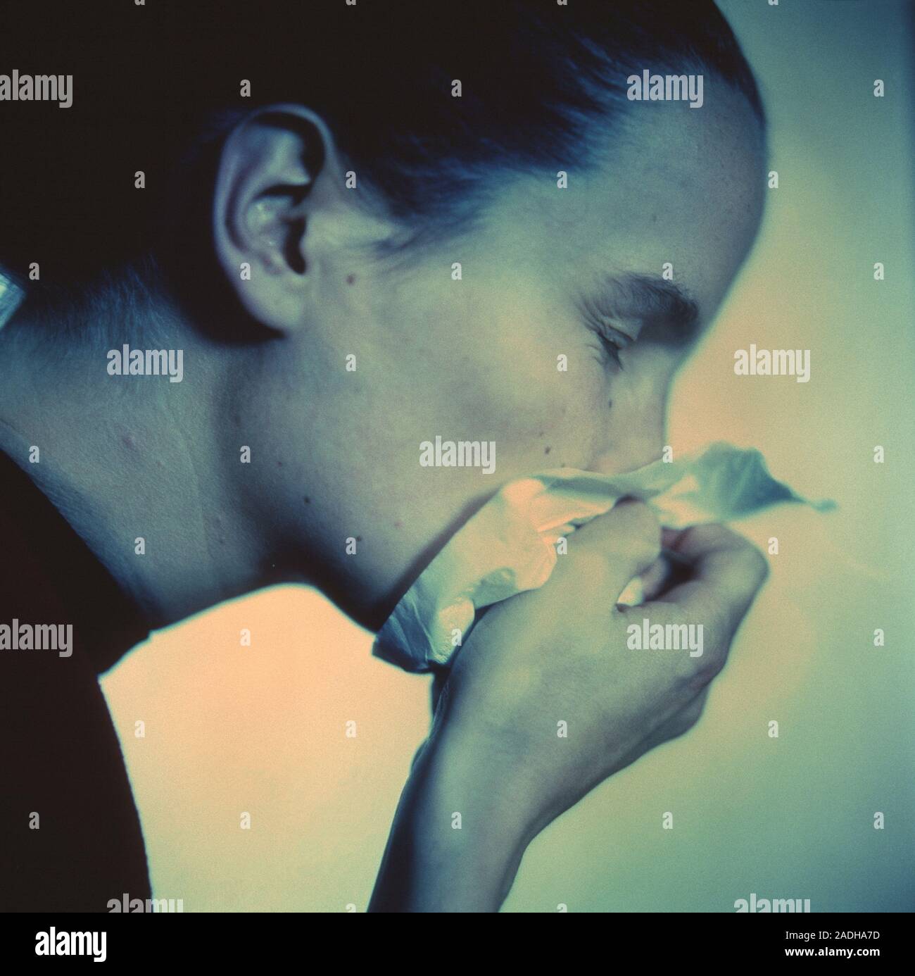 Cold. Woman suffering from a cold blowing her nose Stock Photo - Alamy