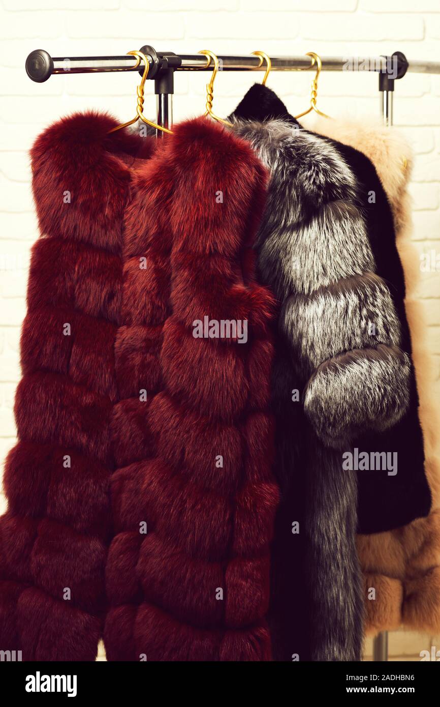 fashionable luxurious waist coats of fur hanging on rack on golden ...