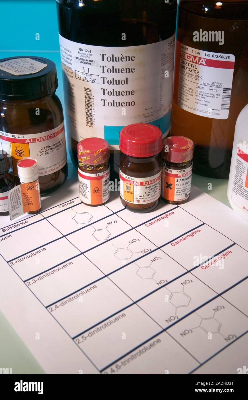 Cancer-causing chemicals. Bottles of chemicals that can cause cancer ...