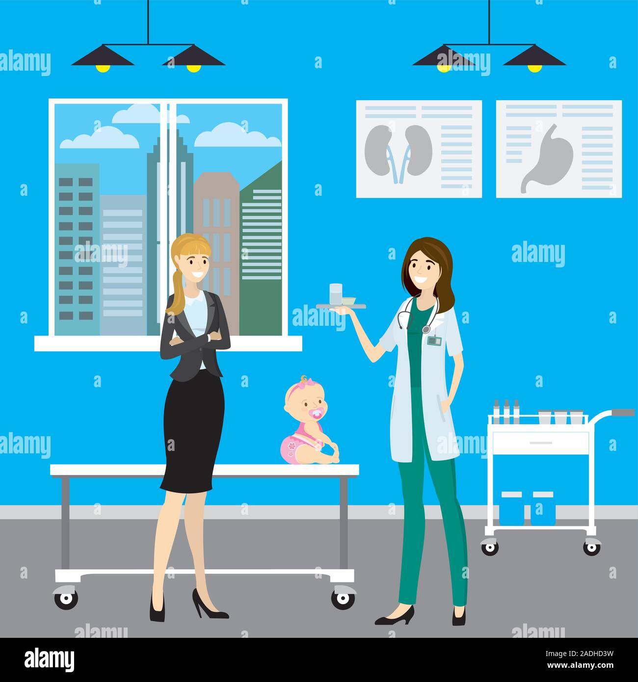 Cartoon female doctor and mother with child,hospital room,vector ...
