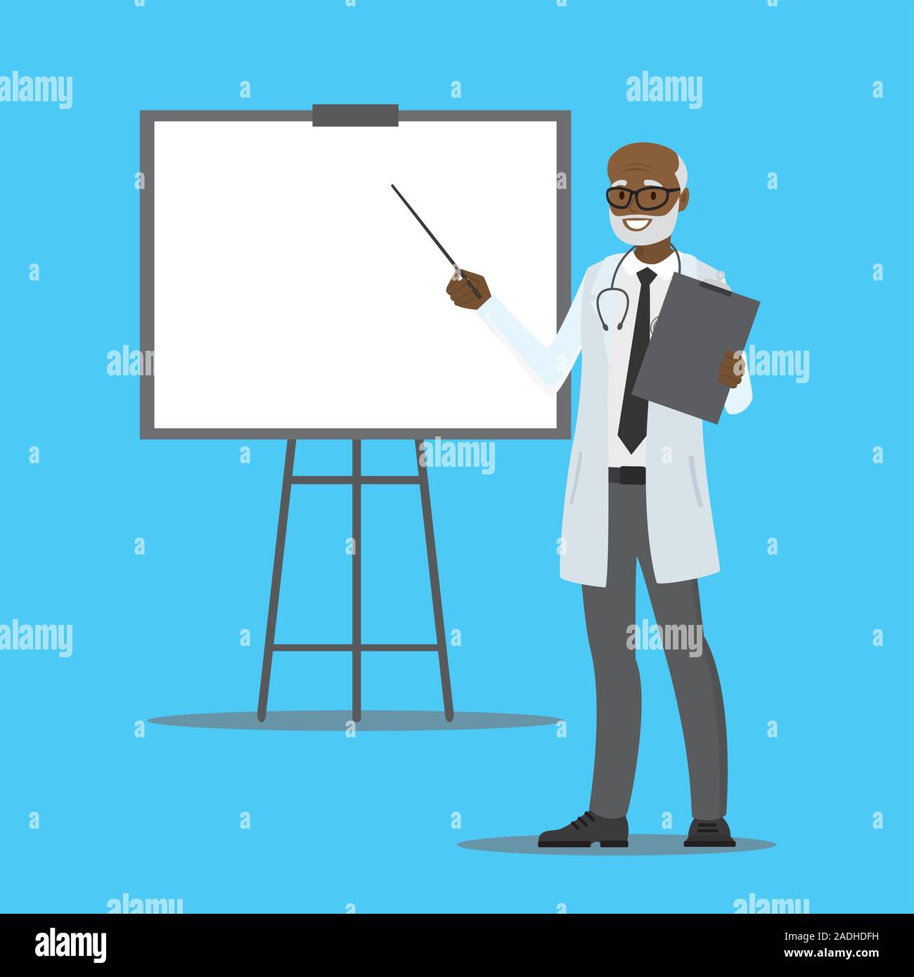 cartoon african american doctor with presentation stand, stock vector ...
