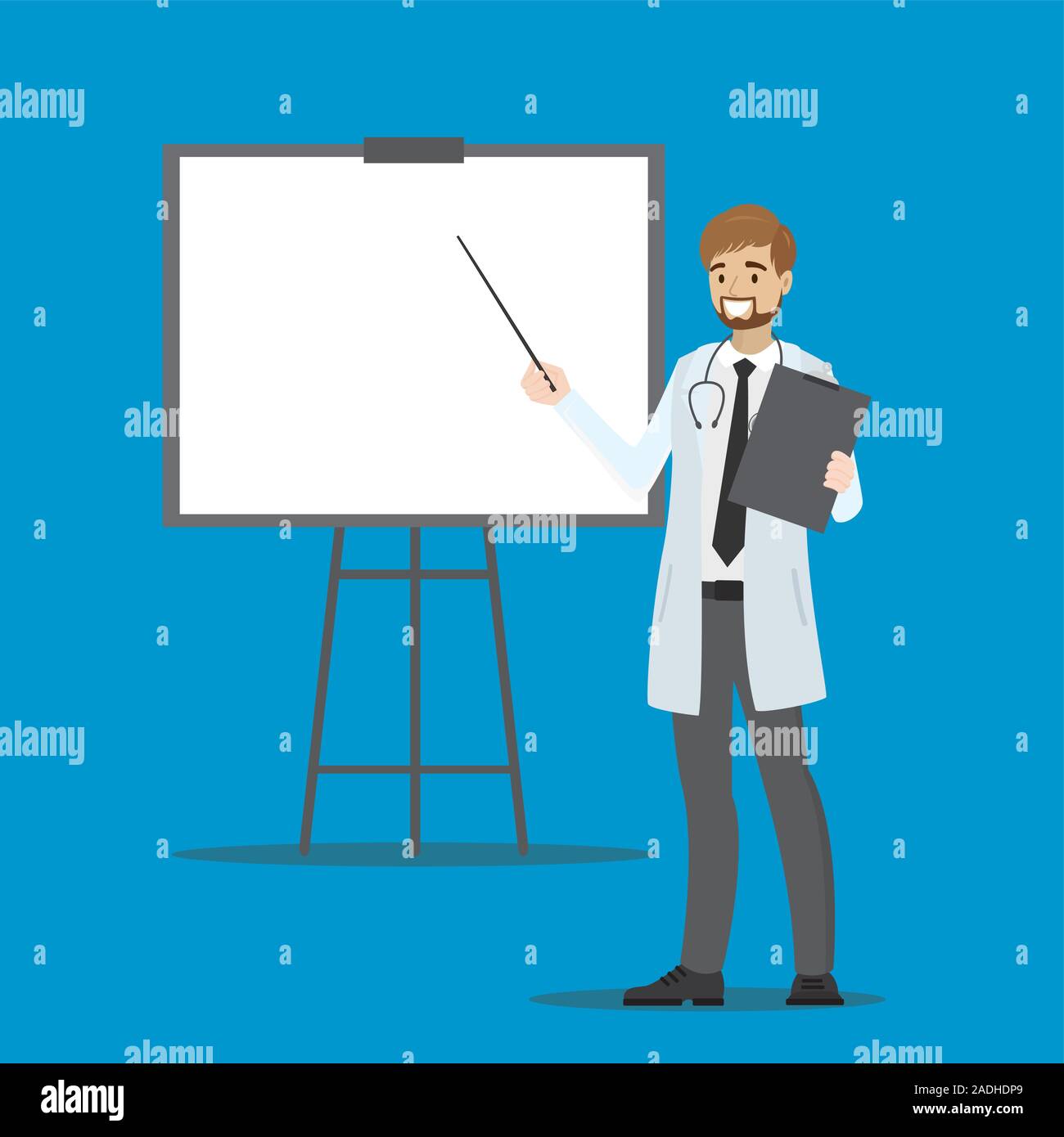 cartoon caucasian doctor with presentation stand, stock vector ...