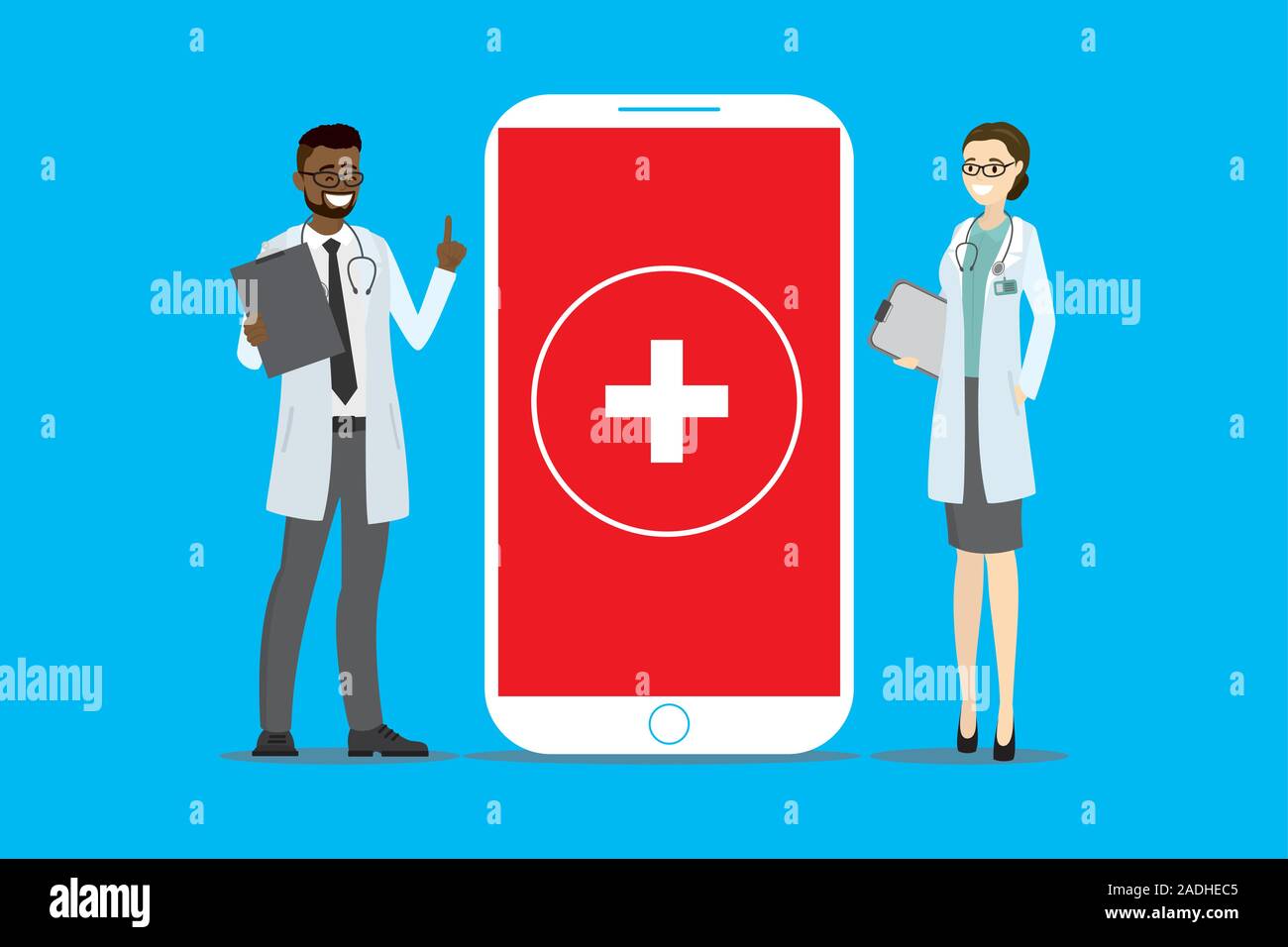 Male and female doctors,cartoon Characters and smartphone with medical ...
