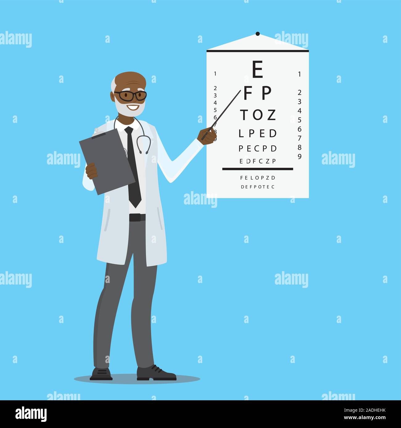 African american Ophthalmologist and stand with sight test,cartoon ...