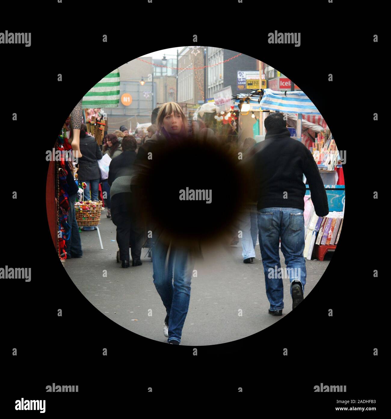 Sight loss caused by macular degeneration. Street scene as it would ...