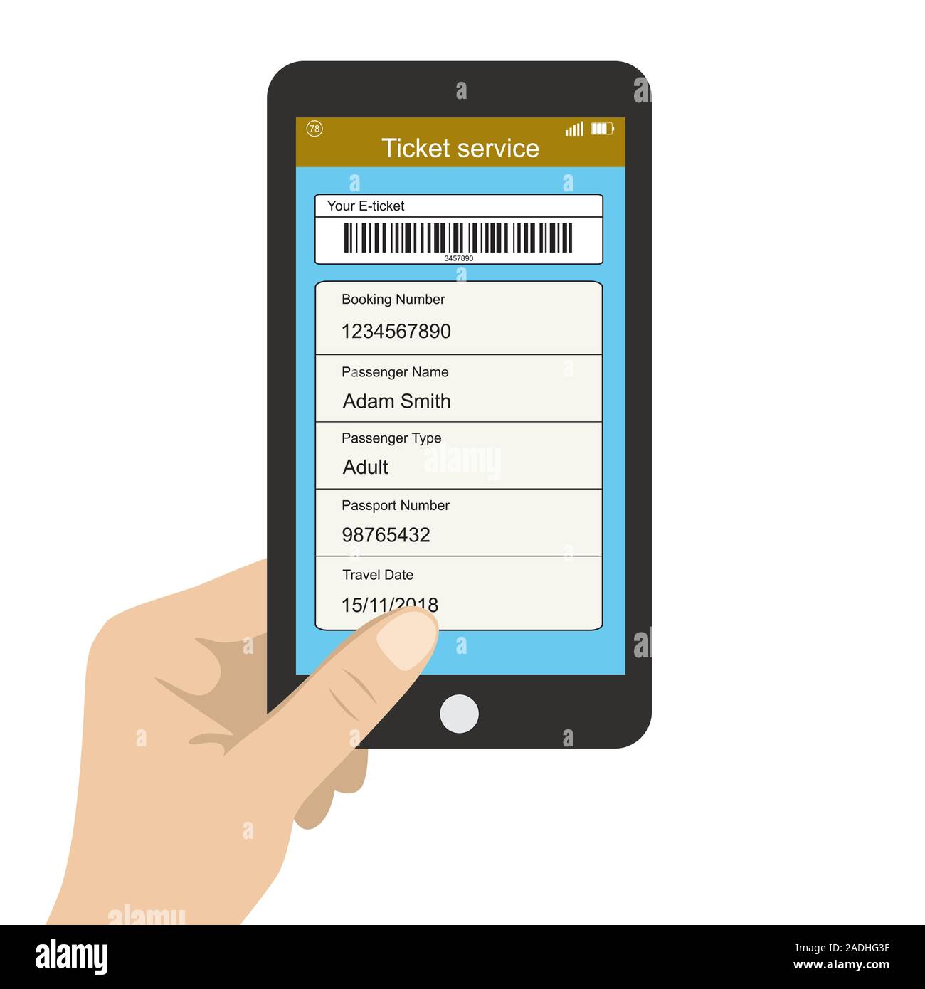 Hand holding smartphone,ticket service app on screen,cartoon vector ...