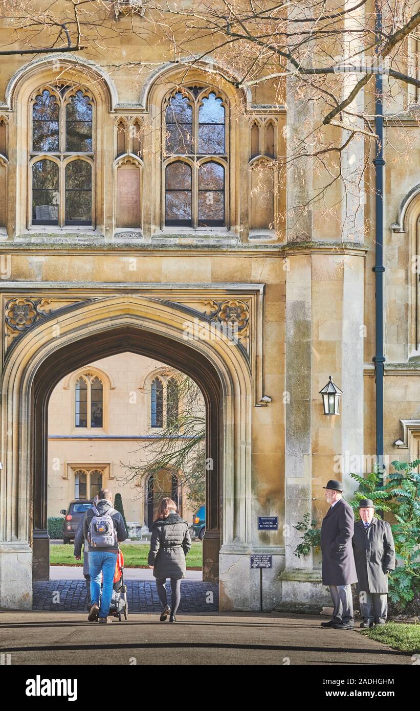 Entrance to New Court at Trinity college, Cambridge university, England ...