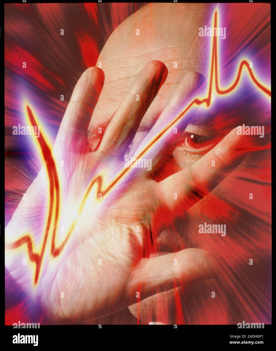 Heart disease. Computer artwork of a man holding his hand up to an ECG ...