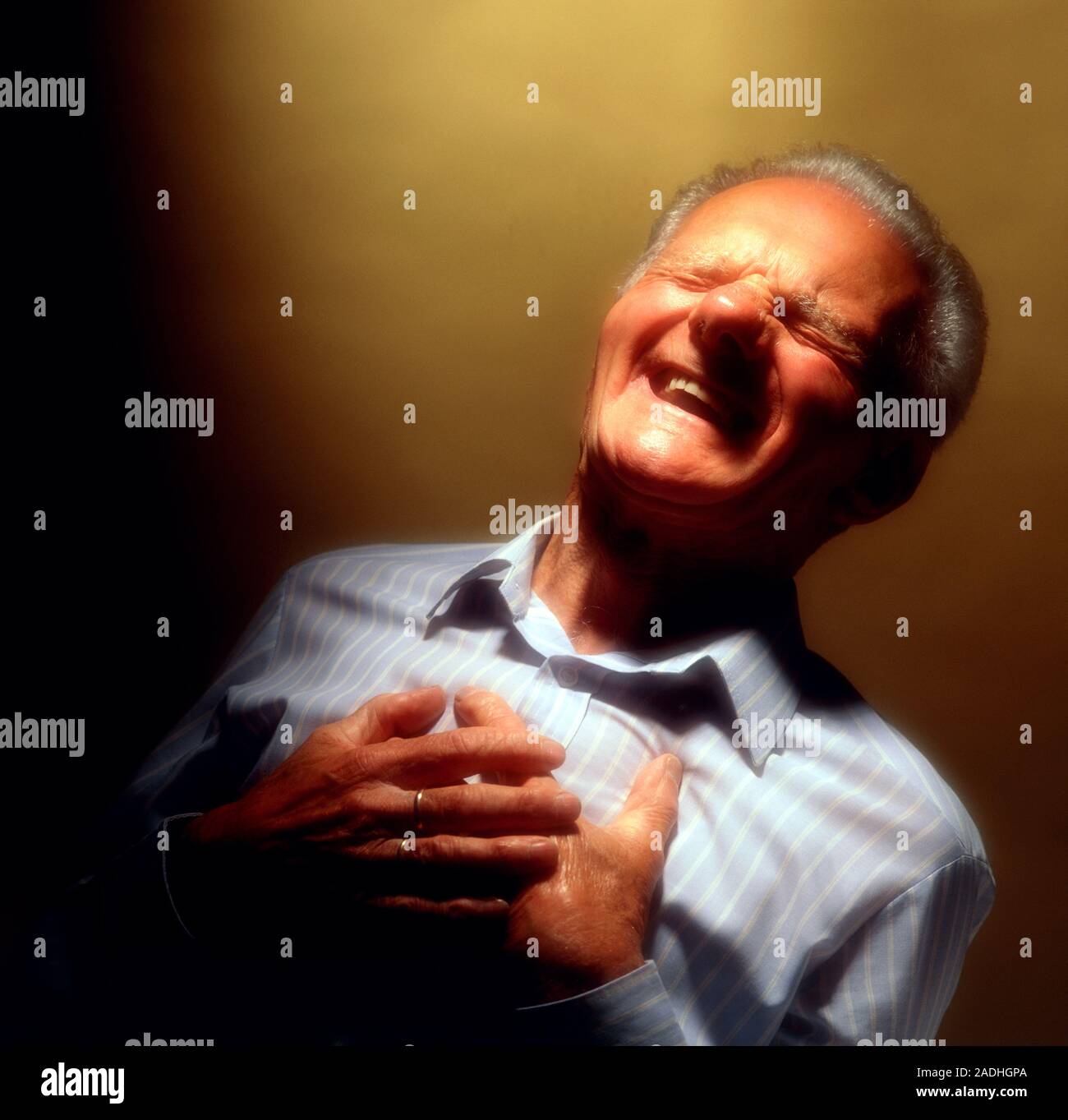 Angina or heart attack. Elderly man clutching his chest in pain during ...