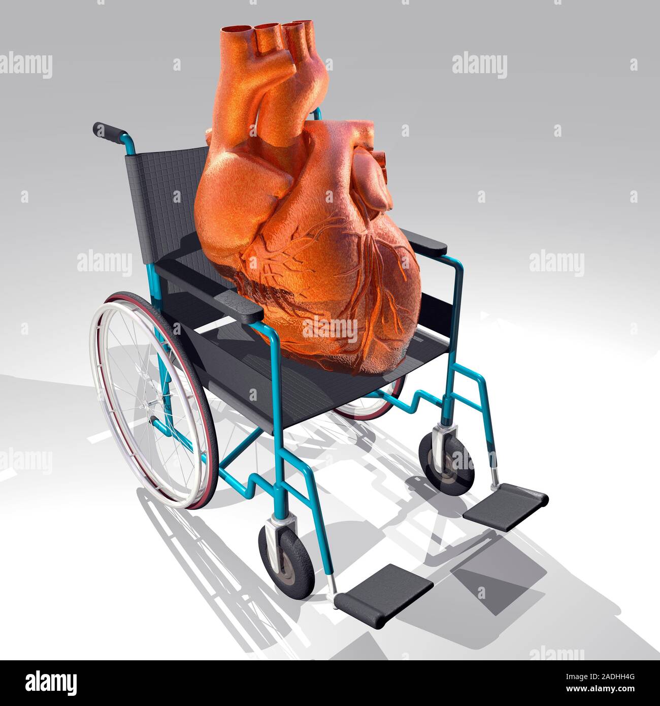 Unhealthy heart, conceptual artwork. Heart in a wheelchair. This could ...