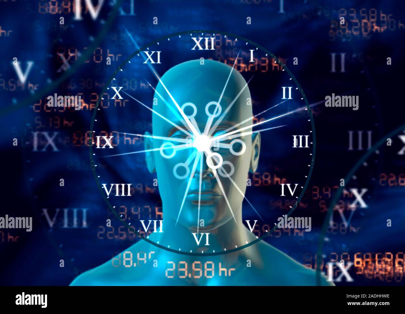 Insomnia. Conceptual computer artwork of a clock and a human face ...