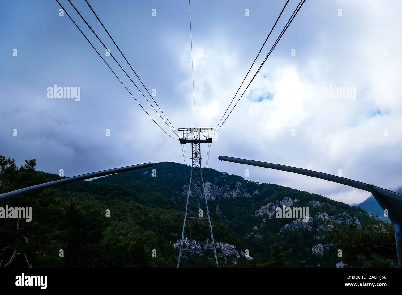 Beautiful vertical panorama view with cable car on amazing mountains ...