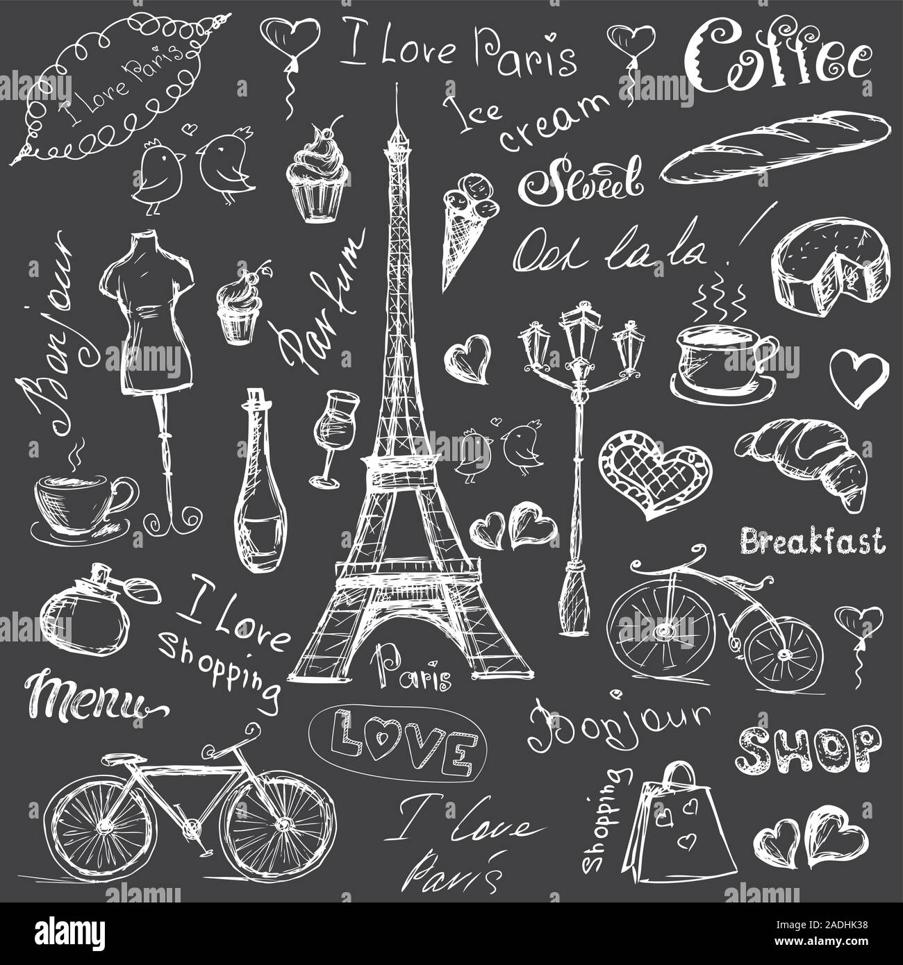 Vector hand drawn illustration with Paris symbols,elements and objects ...