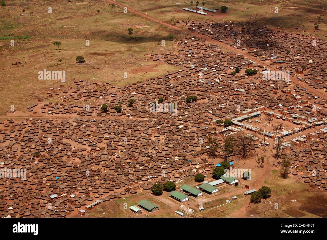 Refugee camp. Aerial view of a displaced persons camp in the Gulu ...