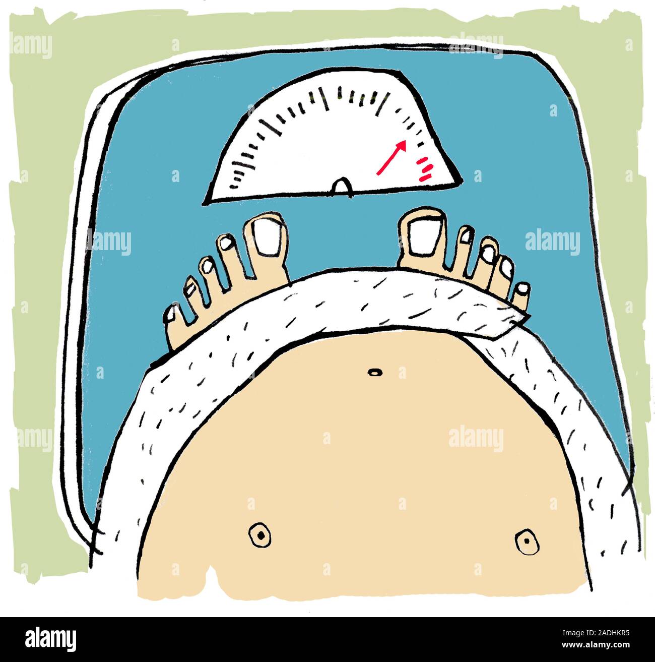 Obesity. Artwork of a person standing on weighing scales. When a person ...