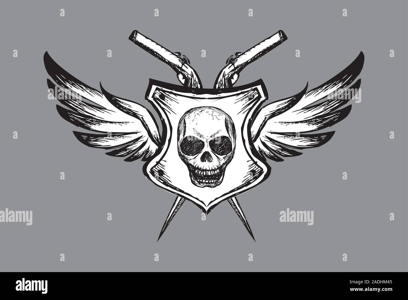 scary skull with wings,hand drawn logo,tattoo or icon, vector ...
