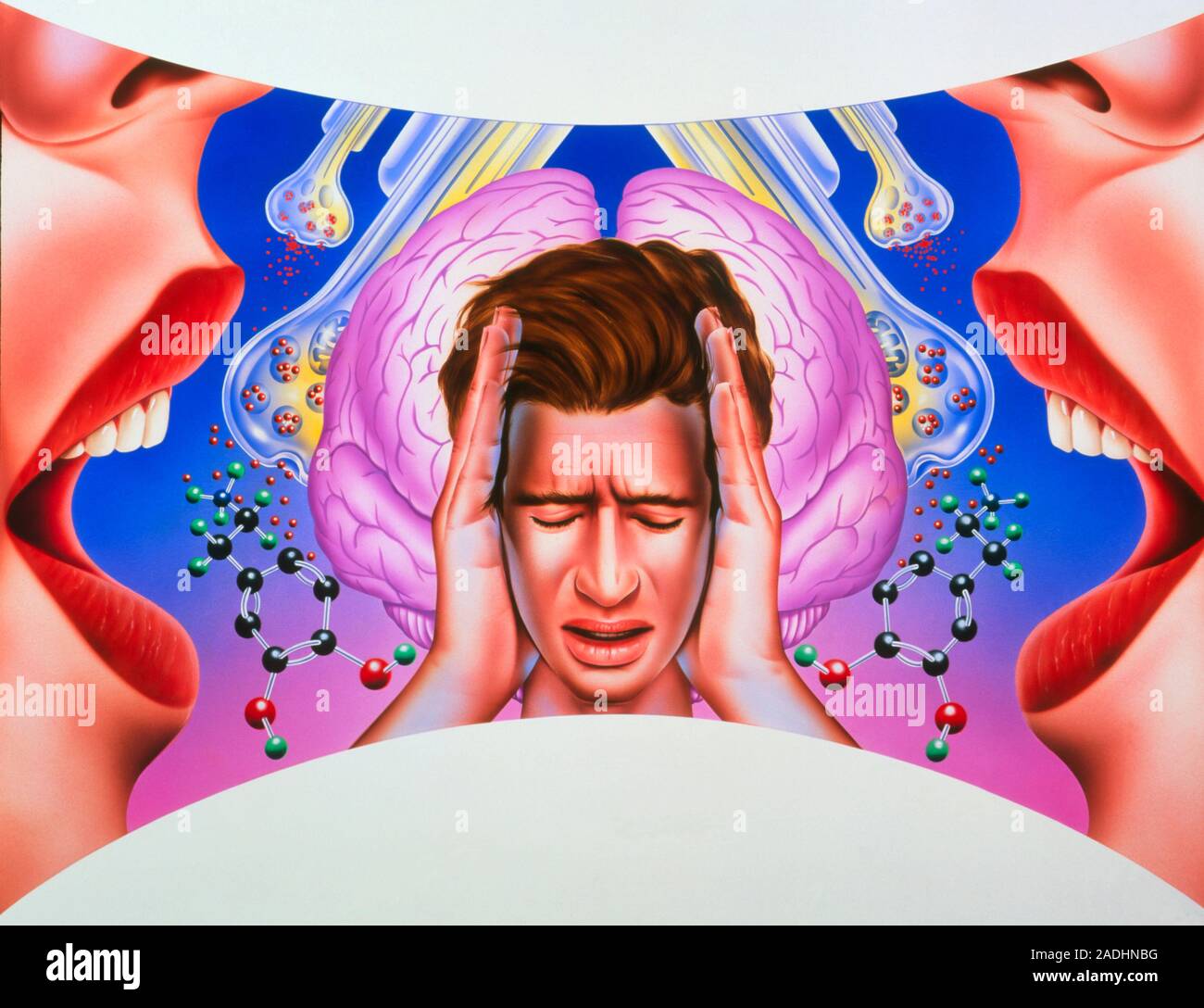 Schizophrenia. Artwork of a man hearing non- existent women's voices ...