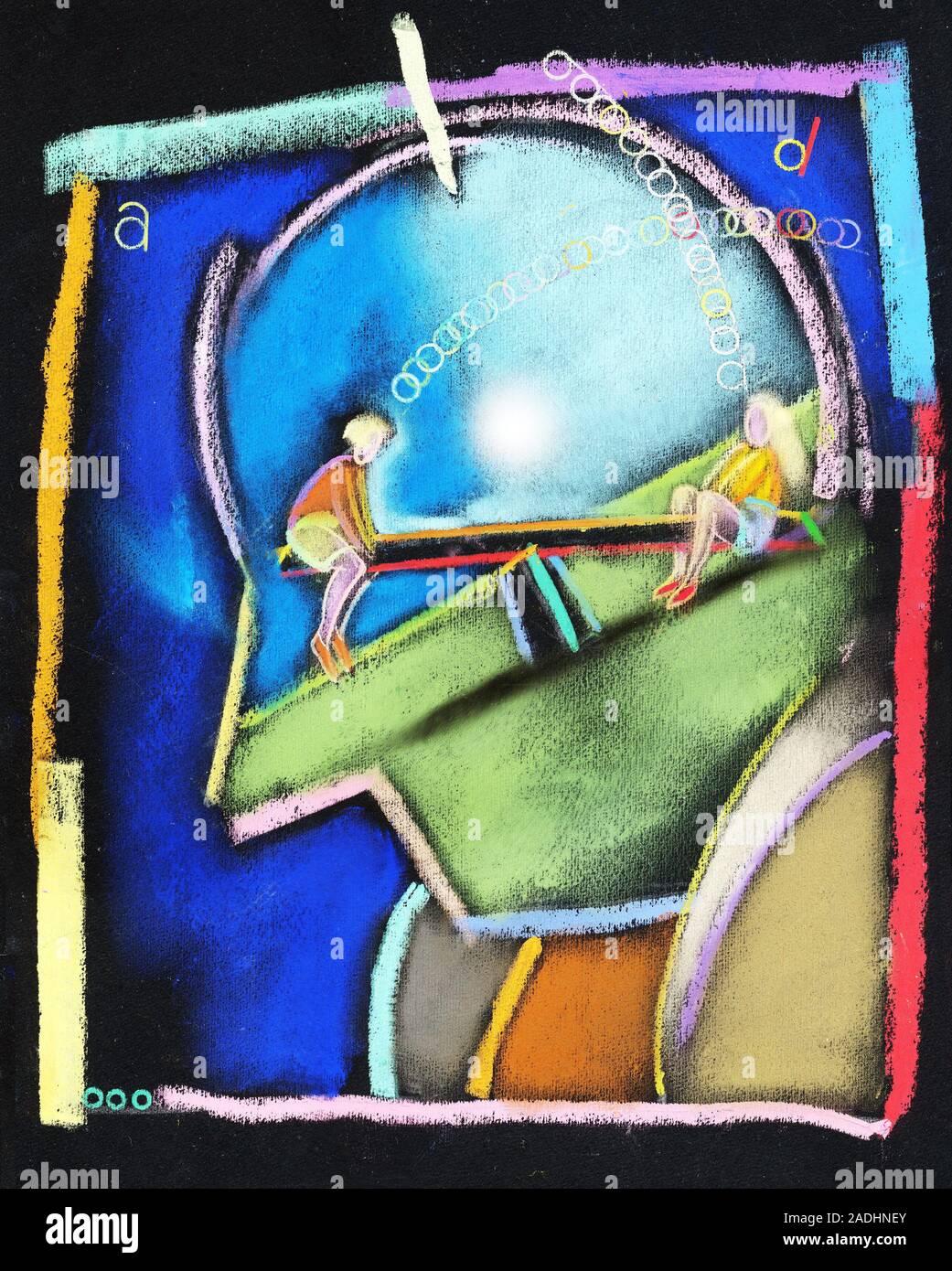 Indecision. Conceptual artwork of a seesaw inside a brain. This could ...