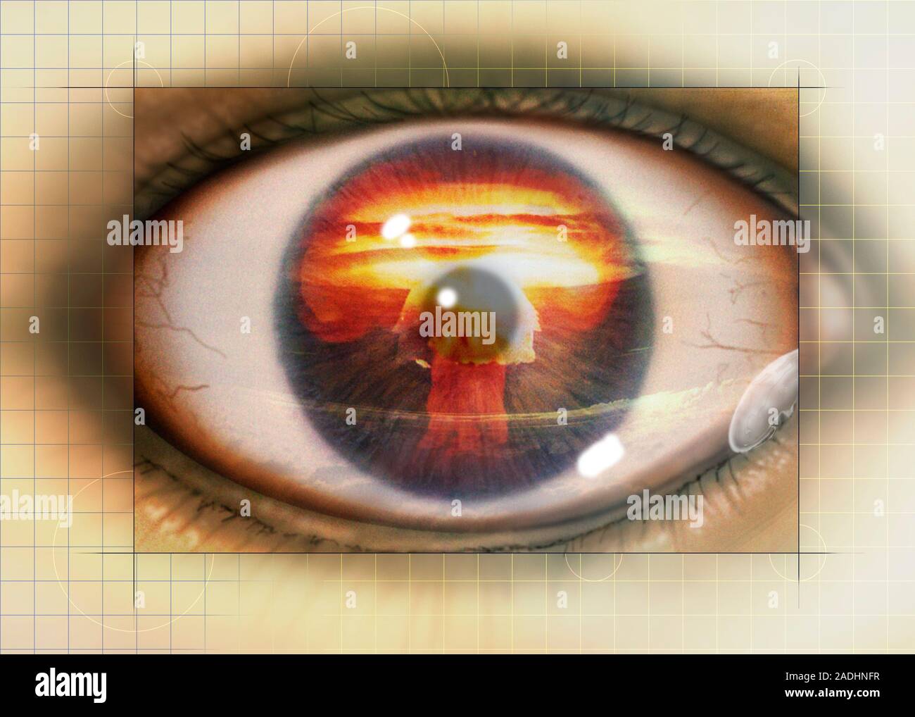 Grief. Artwork of a tearful eye reflecting scenes of death and ...