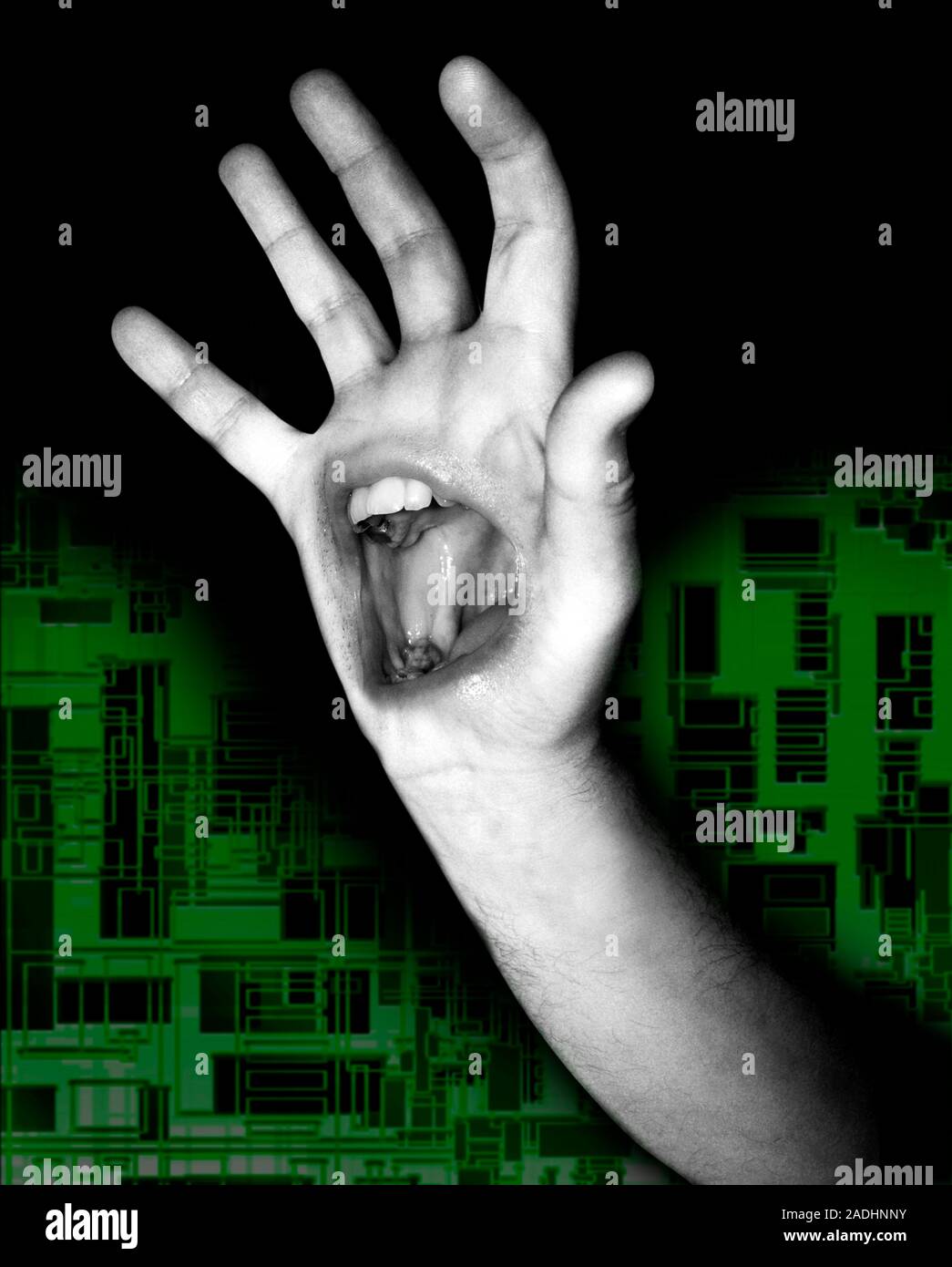 Technology rage. Conceptual computer artwork of a shouting mouth in the ...