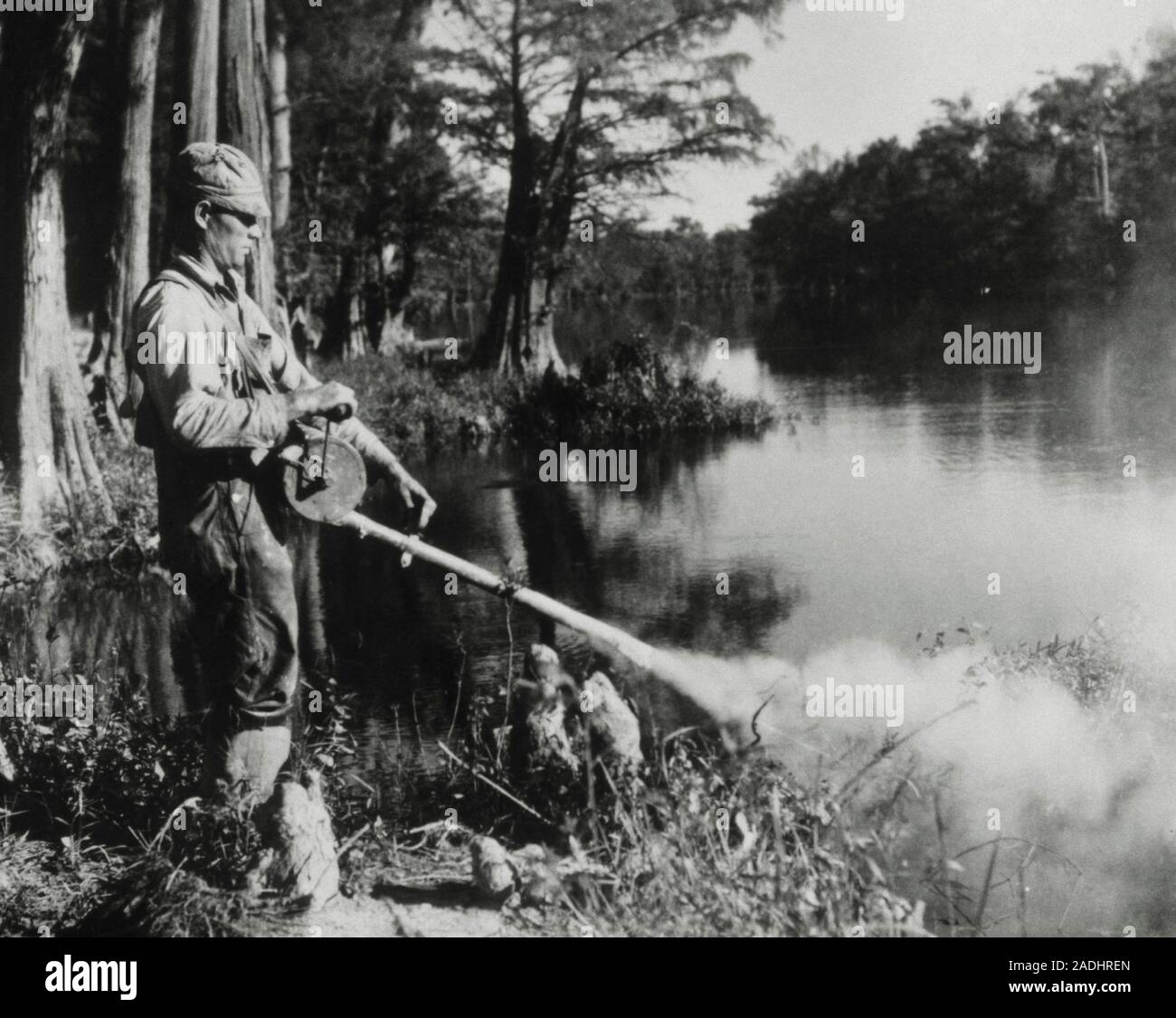 Malaria control. Hand spraying of an insecticide onto a body of water ...