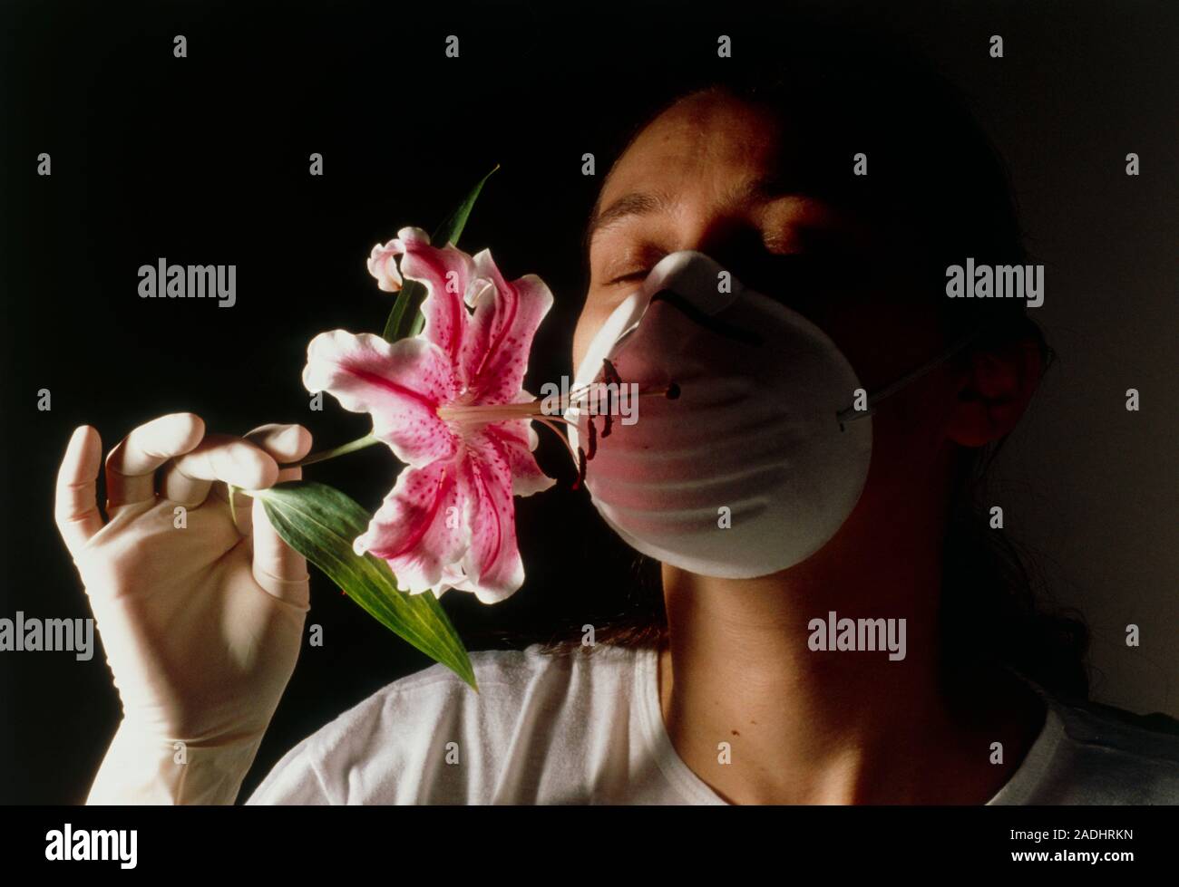 Hay fever mask. Woman hay fever sufferer sniffing a flower through a ...