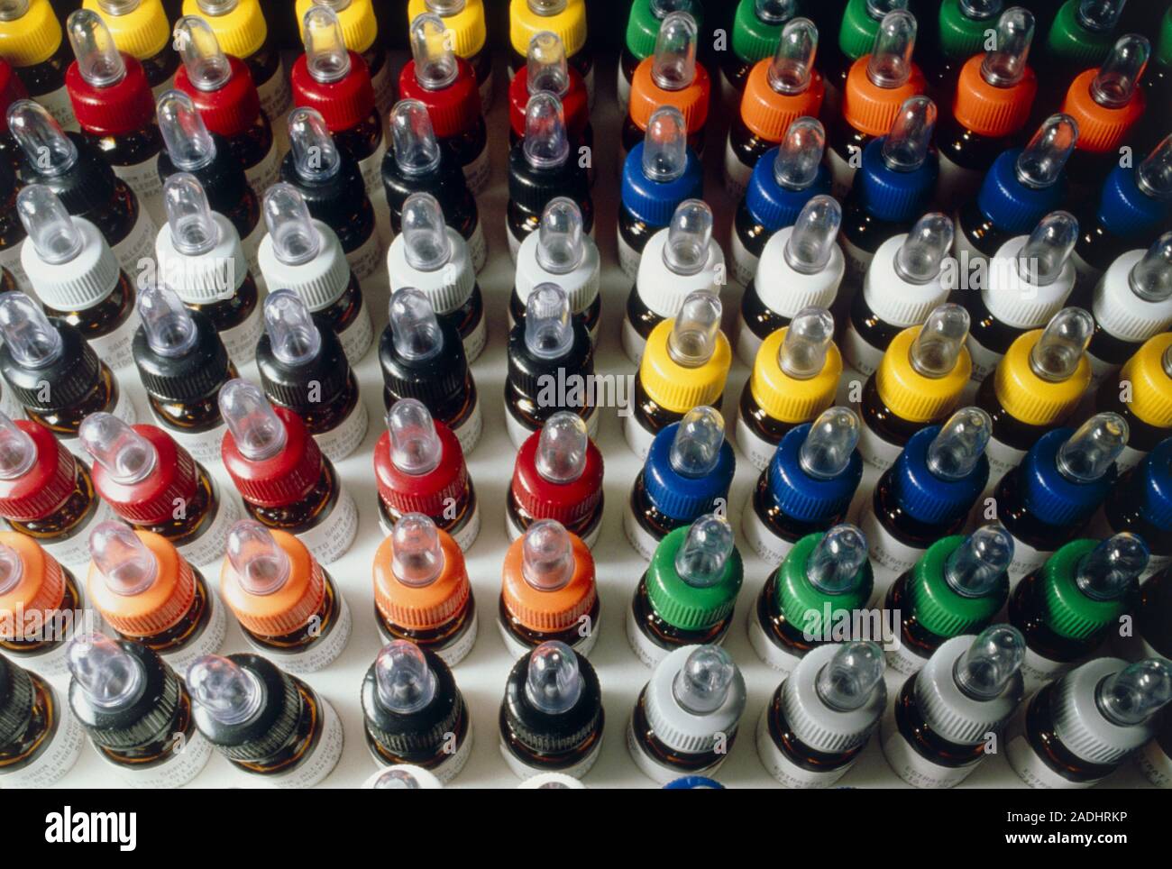 Allergy testing kit. Dropper bottles used in skin prick tests for ...