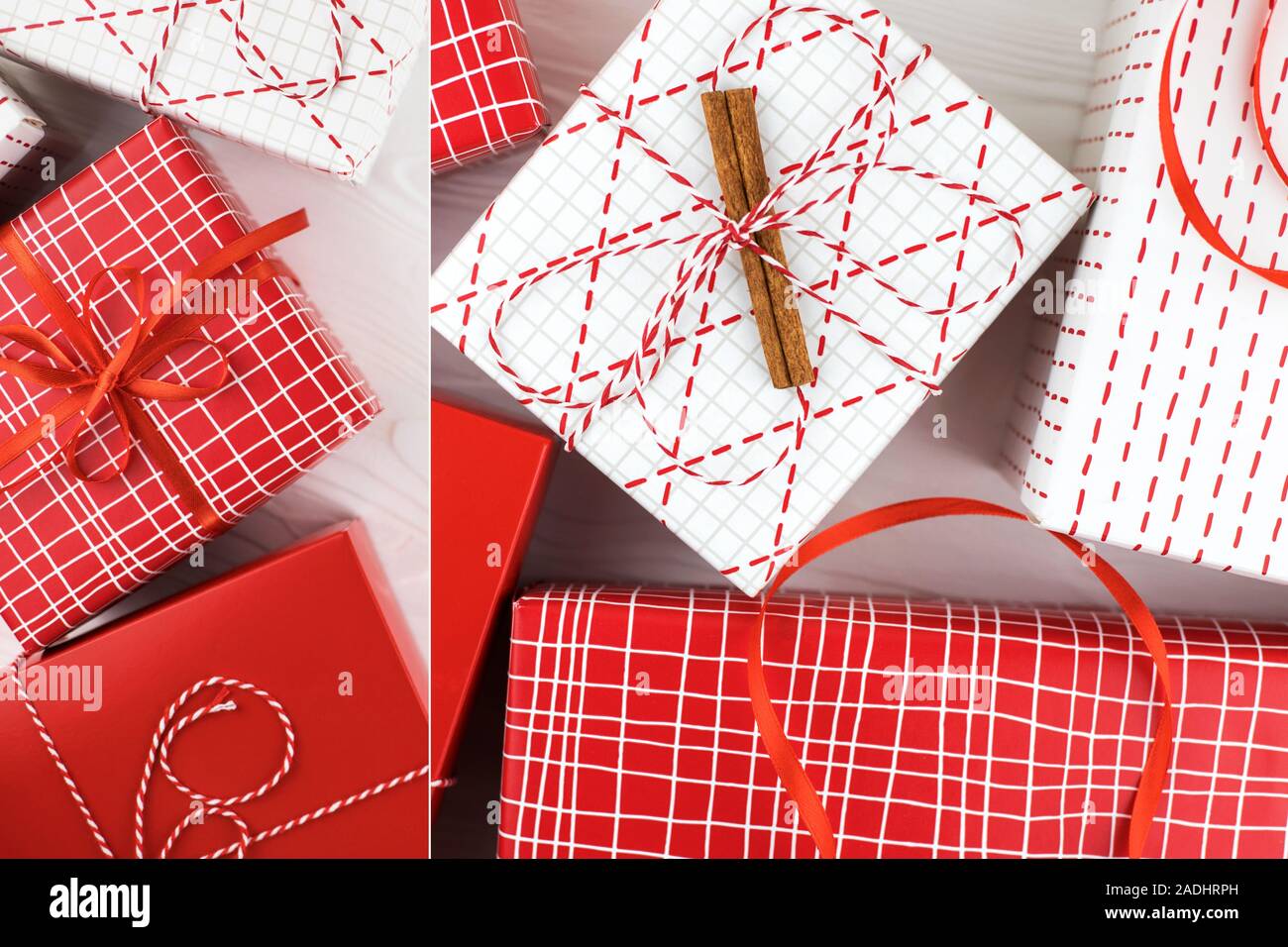 Collage made from festive gift boxes on white background. Flat lay ...