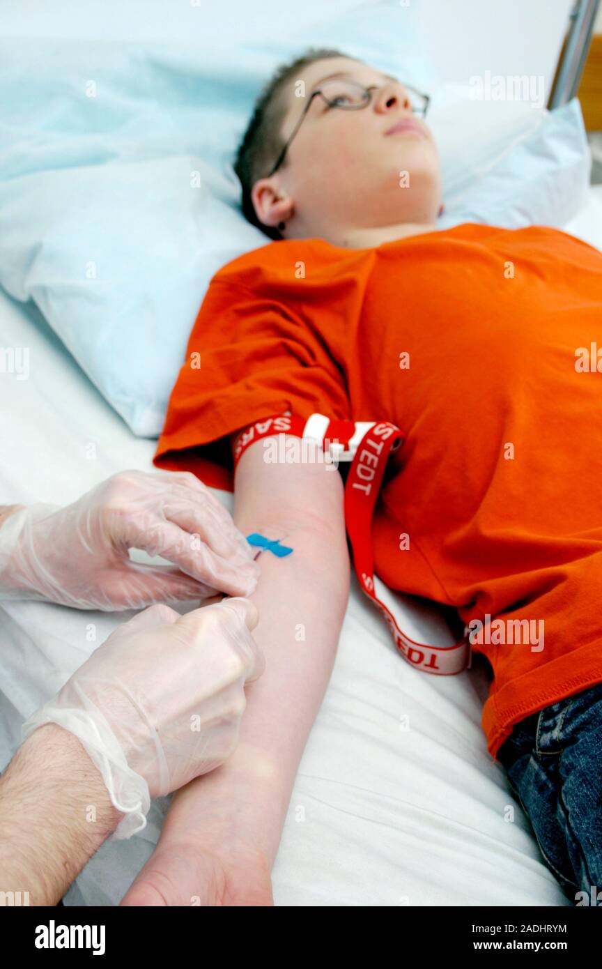 MODEL RELEASED. RAST blood test. Doctor taking blood from the arm of a ...