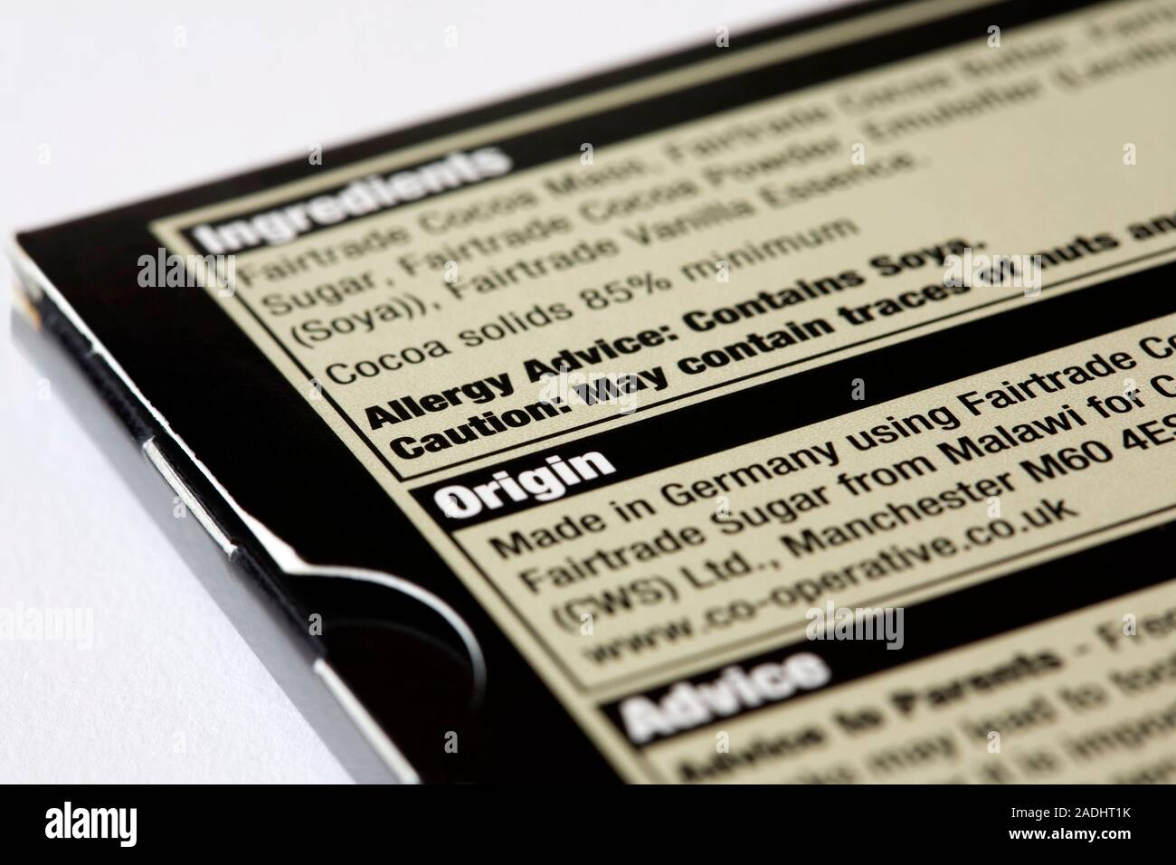 Food allergy advice. Label on chocolate packaging warning that it ...