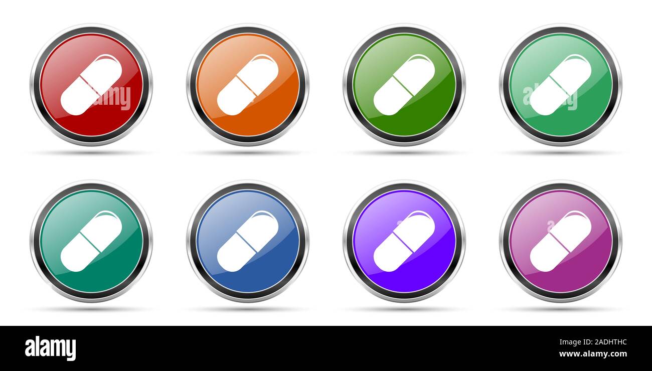 Drugs icons, set of round glossy web buttons with silver metallic ...
