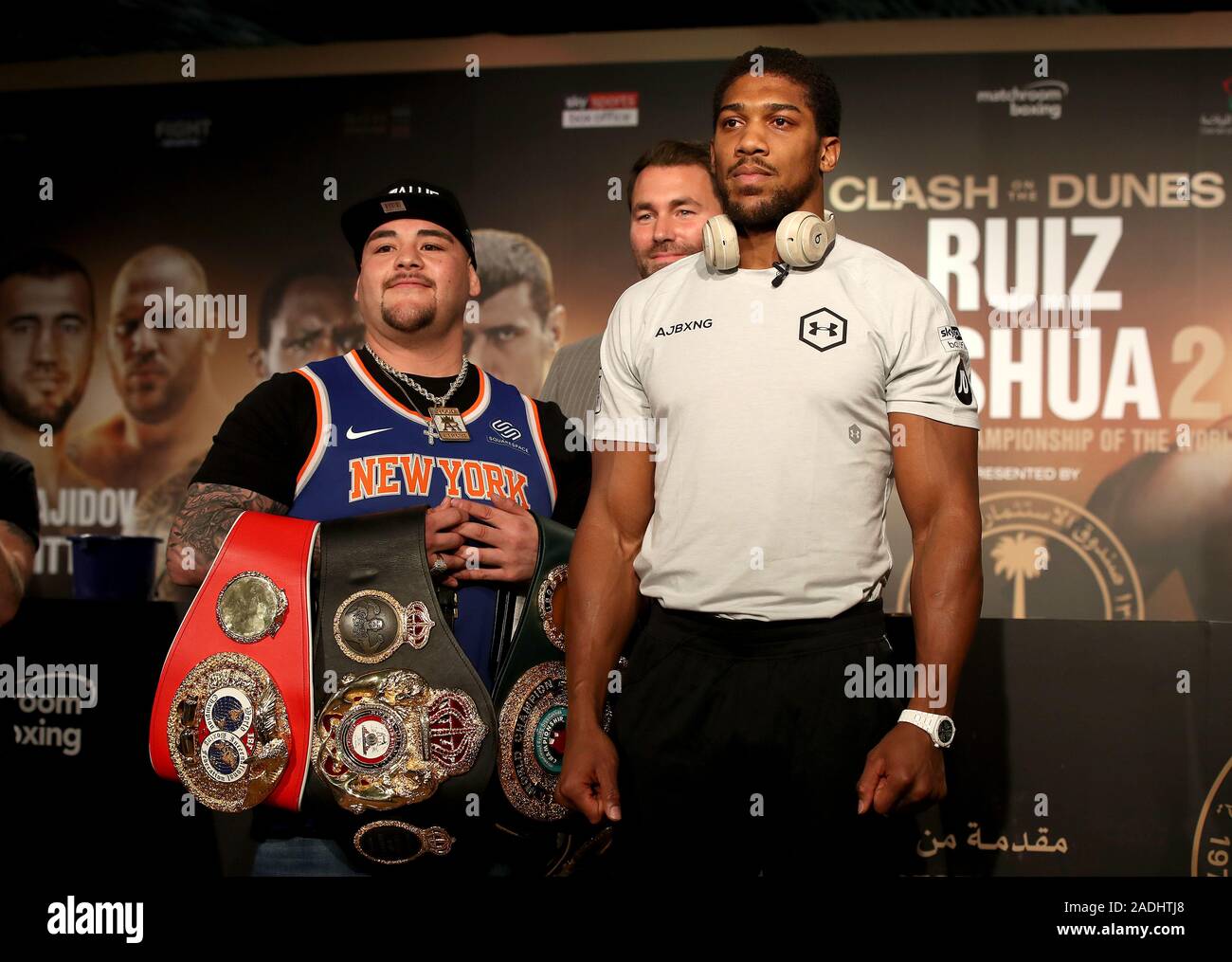 Andy Ruiz Jr (left), boxing promoter Eddie Hearn (centre) and Anthony ...