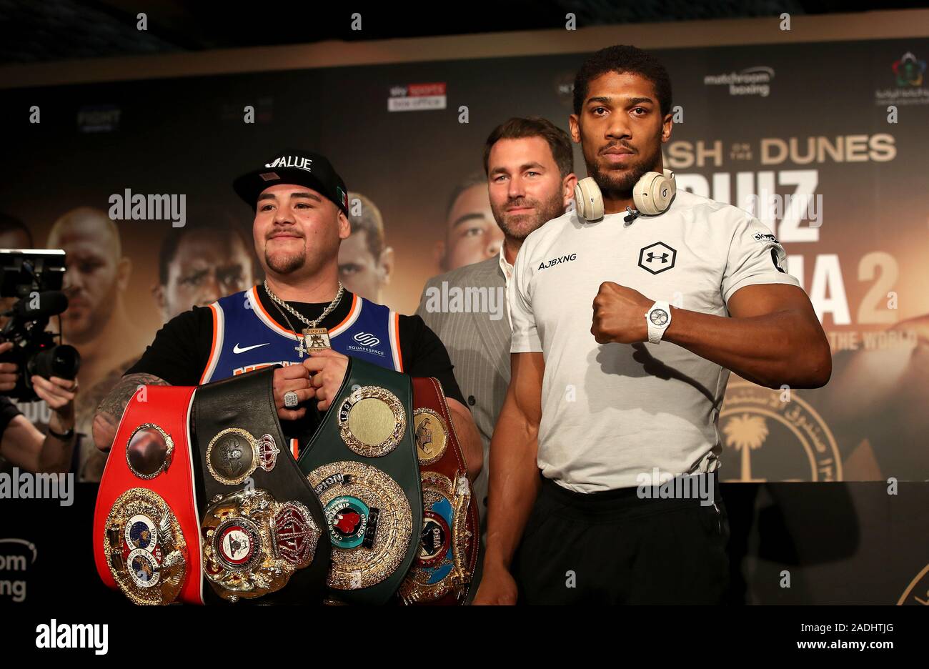 Andy Ruiz Jr (left), boxing promoter Eddie Hearn (centre) and Anthony ...