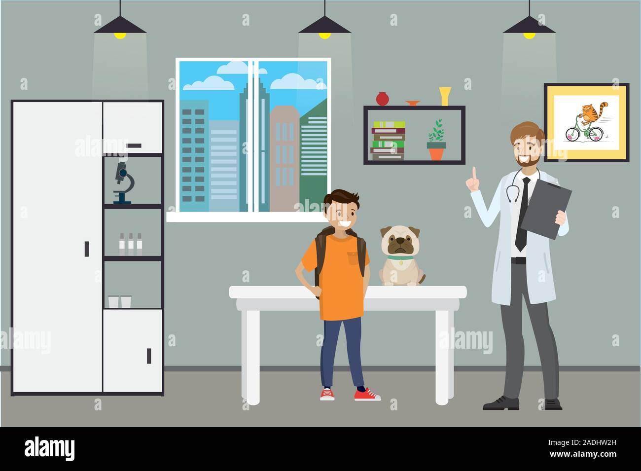 Veterinary Clinic ,cartoon male doctor and teenage with sad dog ...