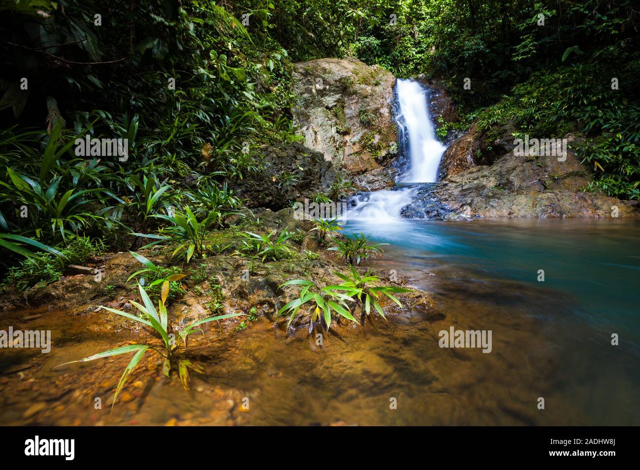 Panama landscape with beautiful waterfall and lagoon in Gardi river the ...