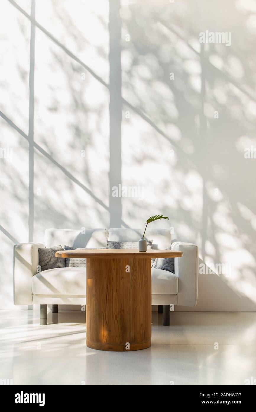 Vertical interior of living room with couch and wooden coffee table ...