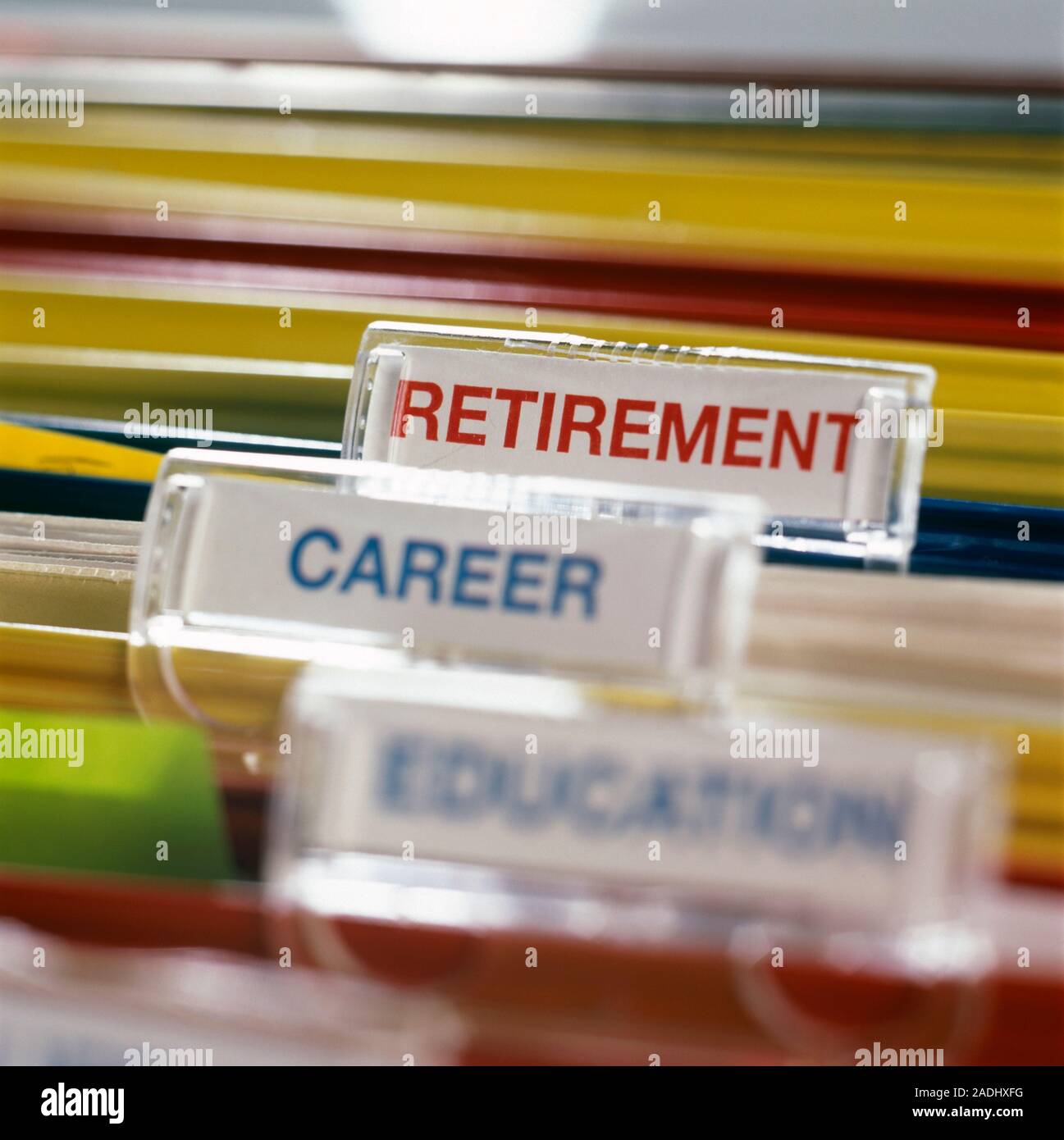 Retirement plans. Conceptual image of labels in a filing cabinet ...