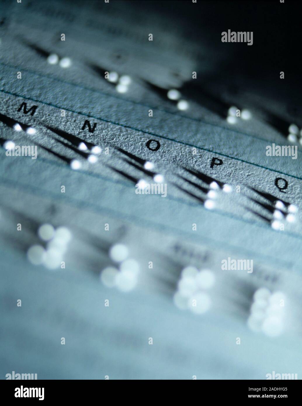 Braille alphabet. Part of a sheet written in braille with the ...