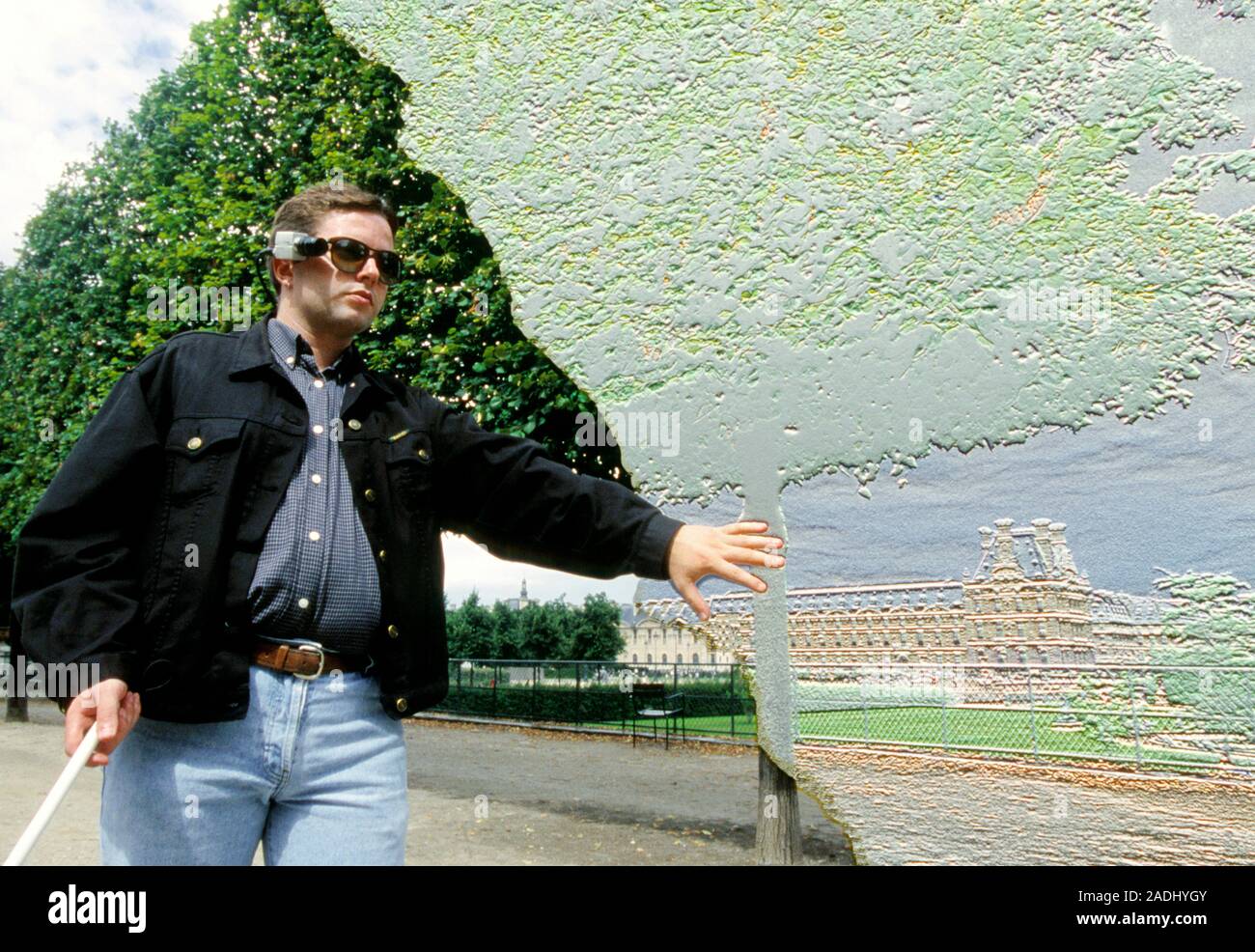 Visual system for the blind. Blind man using the TVSS (Tactile Vision ...