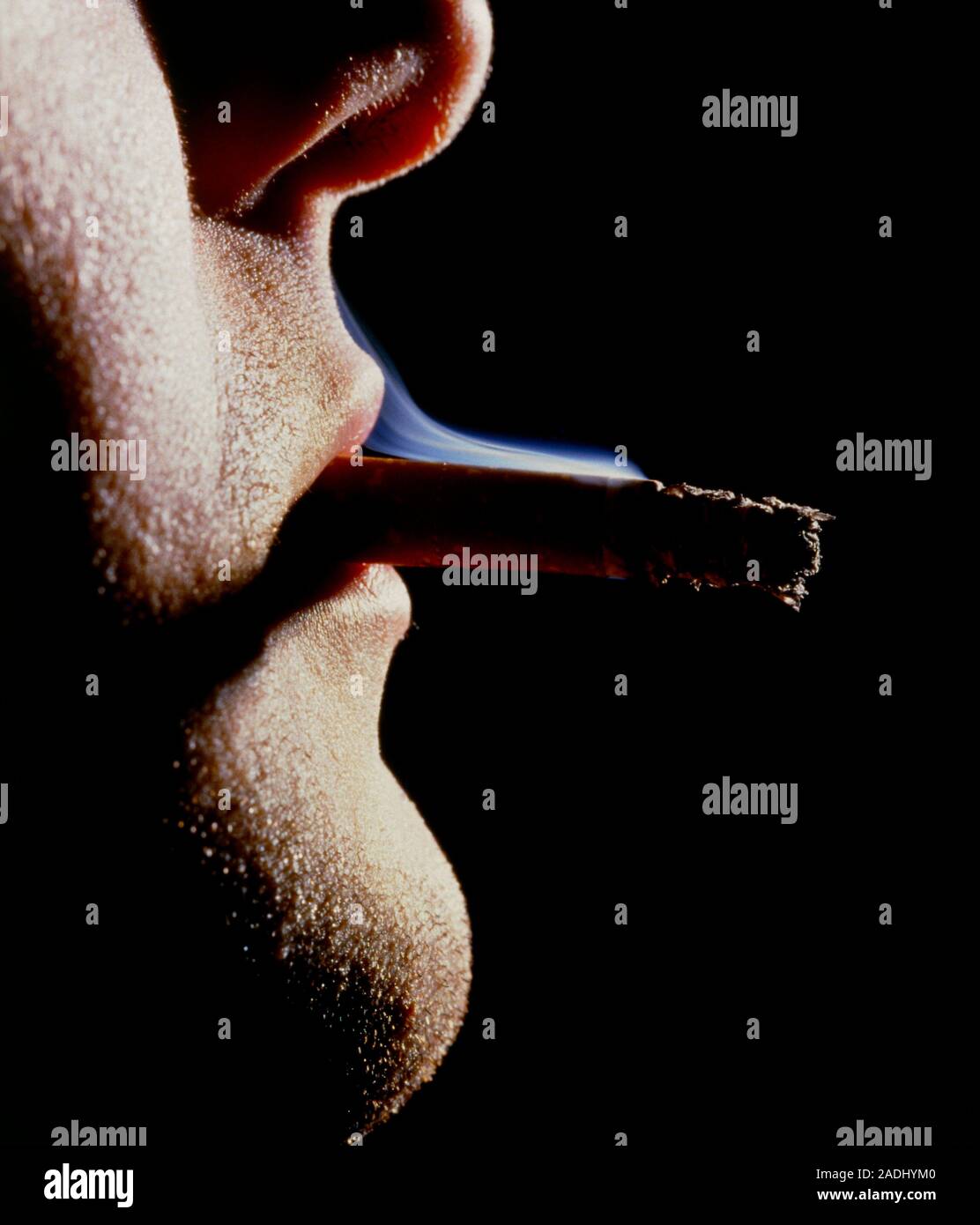 Close-up of a man smoking, with the remains of a filter cigarette held ...
