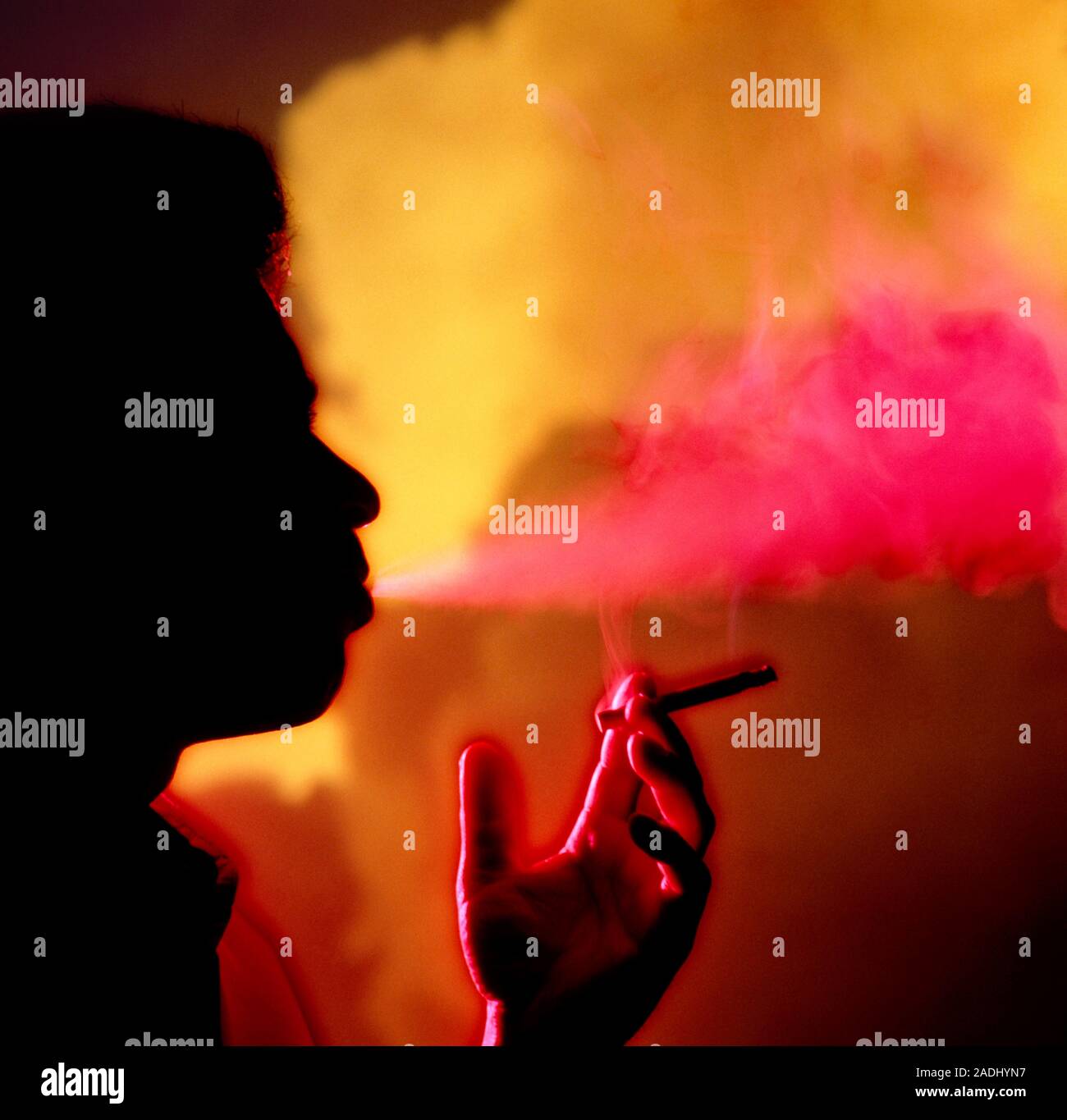 Silhouette profile of a cigarette smoker exhaling tobacco smoke Stock ...