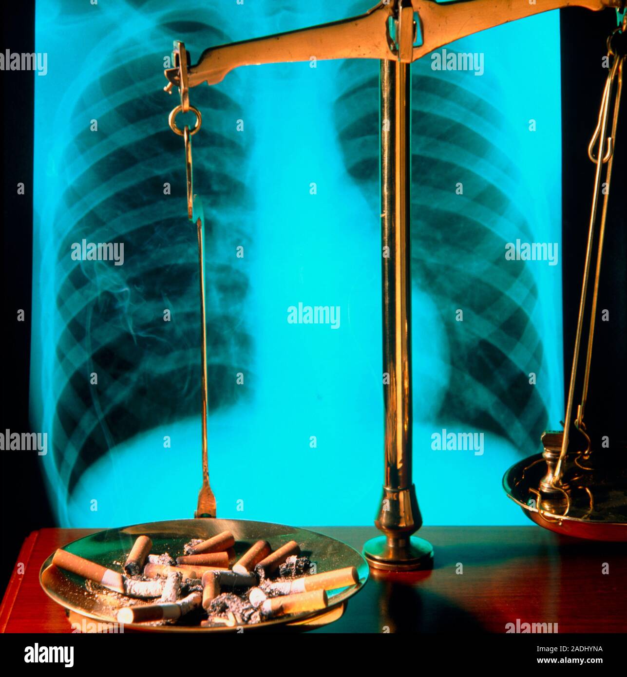Vice and its price. A balance pan of a pair of scales, containing a ...