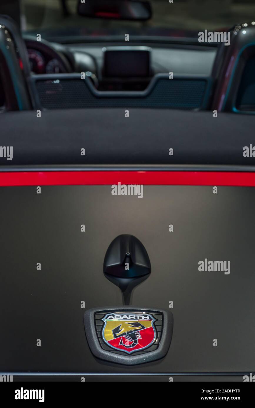 LOS ANGELES, CA/USA - NOVEMBER 20, 2019: Closeup of a 2019 Fiat 124 ...