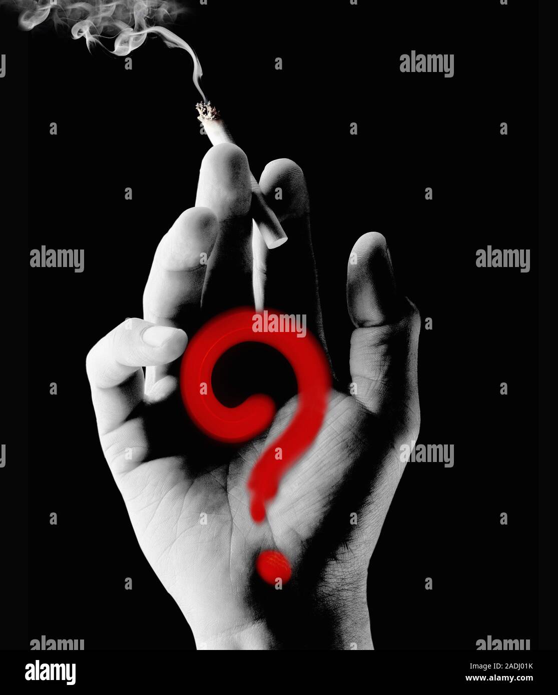 Smoking. Question mark over a hand holding a lit cigarette. Cigarettes ...