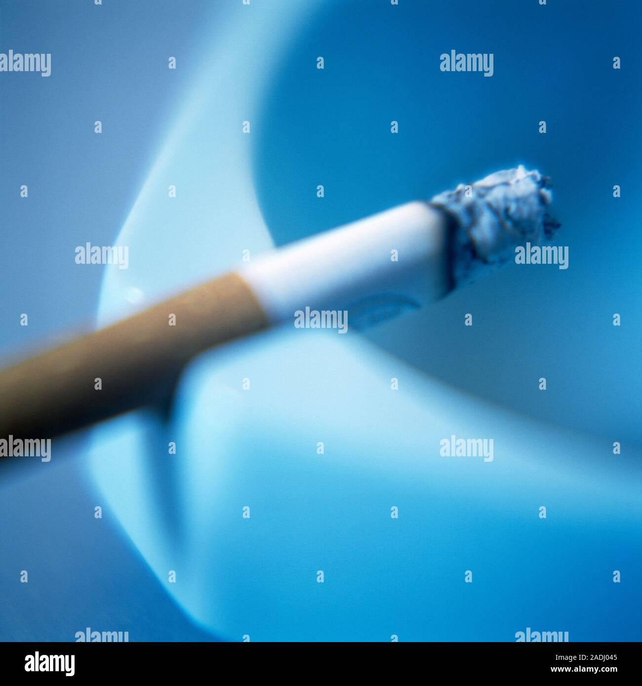 Cigarette stub on the edge of an ashtray. Cigarettes contain cancer ...