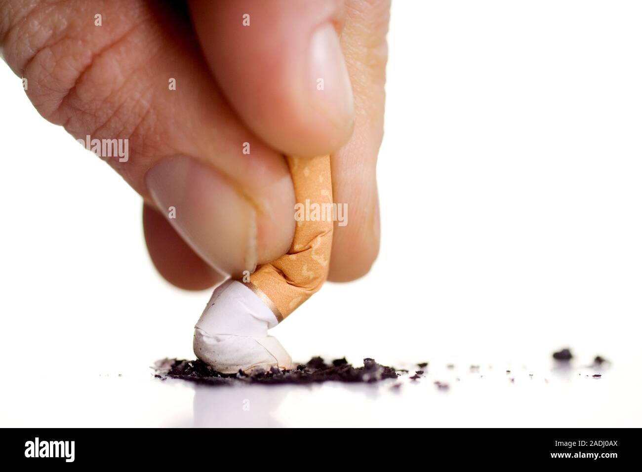 Cigarette stub being put out. Cigarettes contain the addictive drug ...