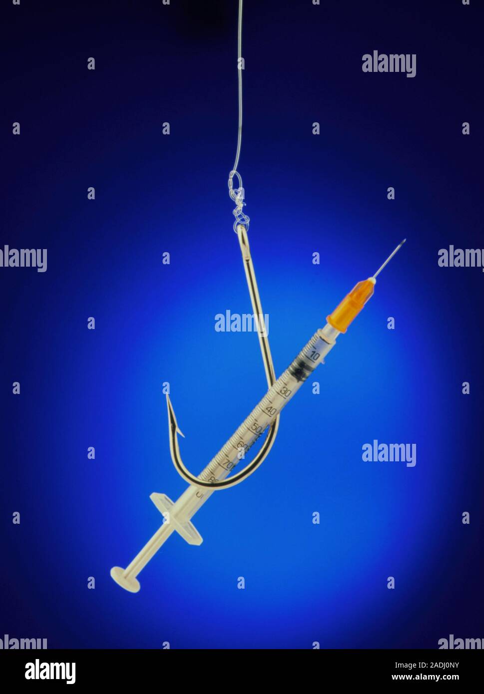 Drug addiction. Abstract image of a syringe and hook representing drug ...