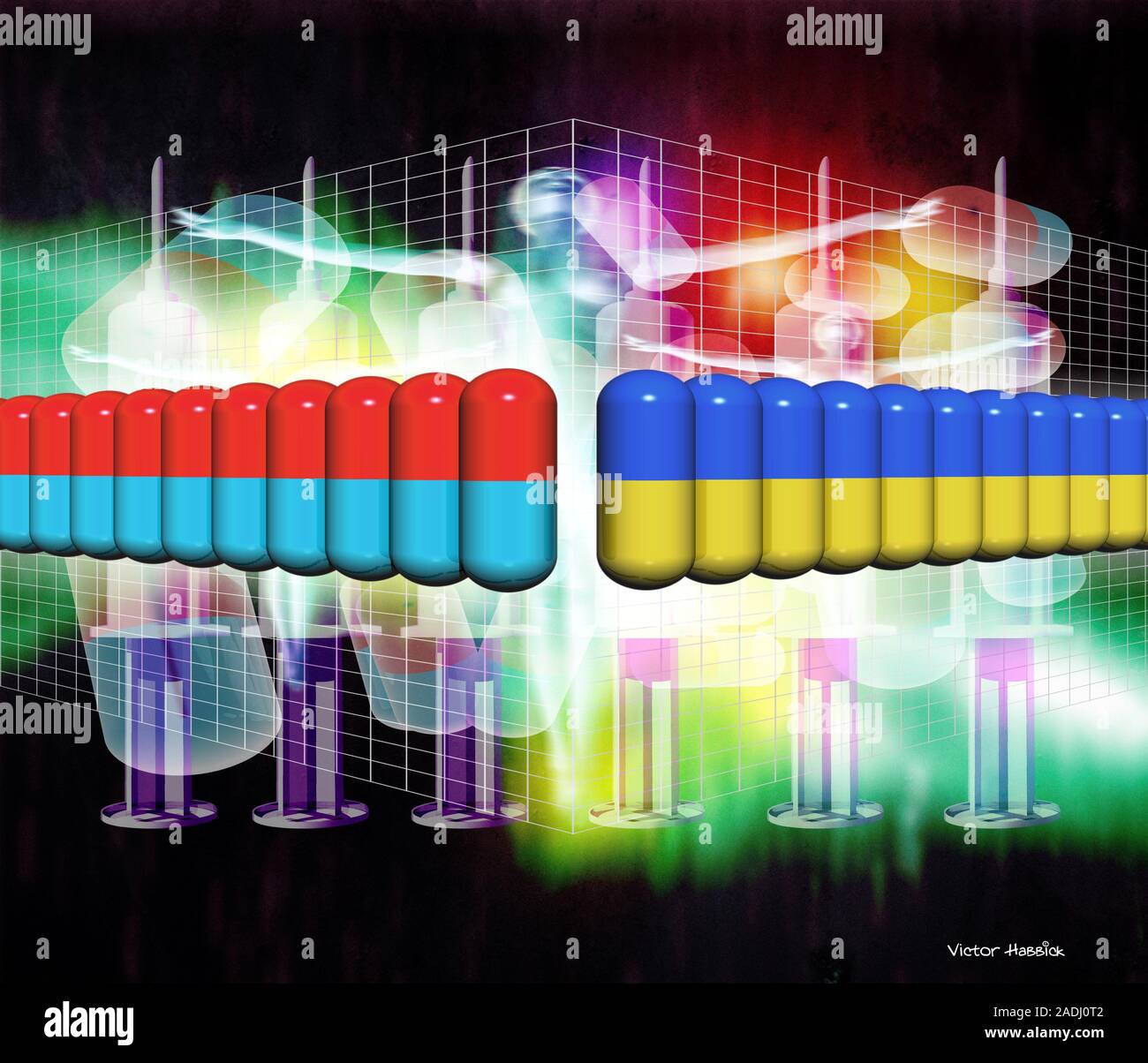 Drug abuse. Conceptual computer artwork of drug capsules, human figures ...