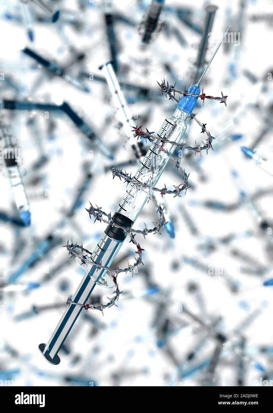 Syringe danger, computer artwork. Barbed wire wrapped around a ...