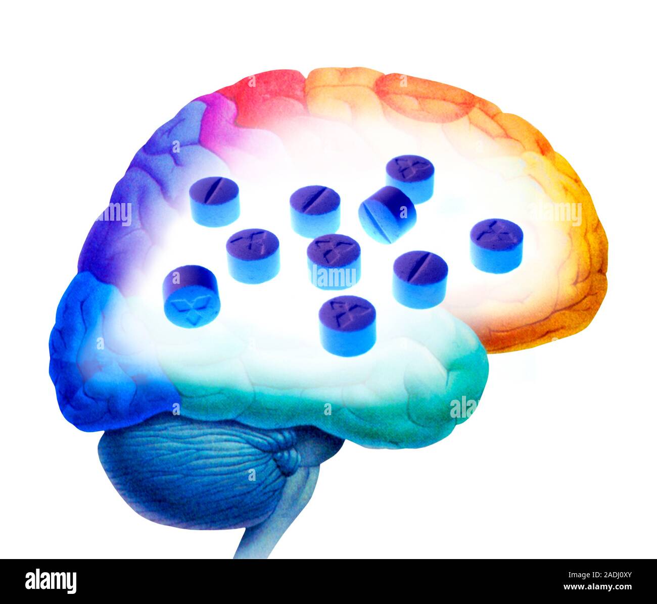 Ecstasy use. Artwork of ecstasy tablets and the human brain. Ecstasy pills contain the illegal ...